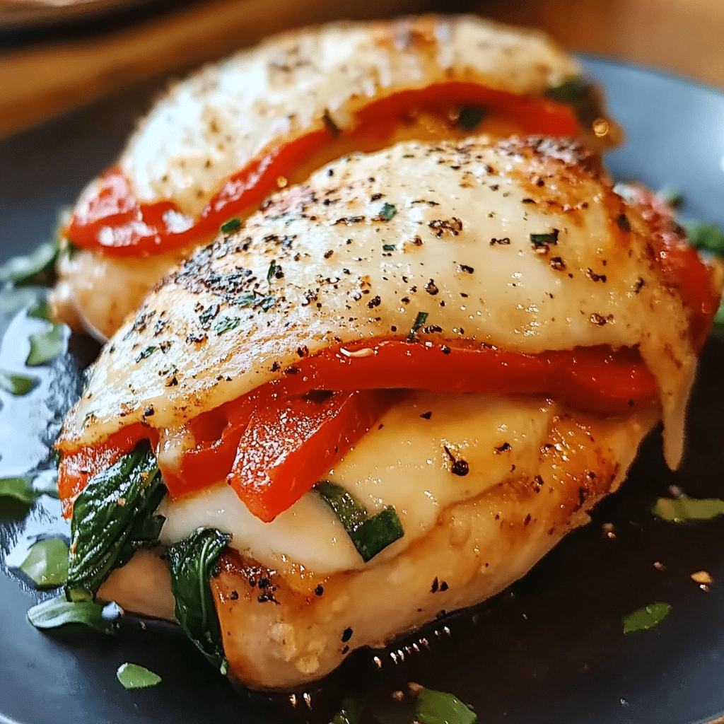 Roasted Red Pepper, Spinach, and Mozzarella Stuffed Chicken - Bites Haven